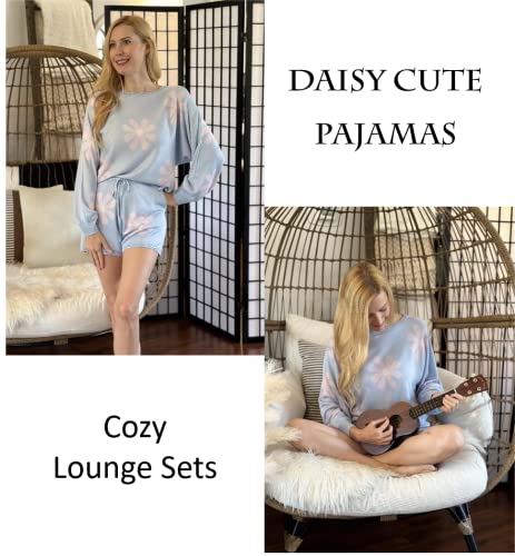 Ekouaer Lounge Sets for Women Pajama Sets for Women Soft Long Puff Sleeve Two Piece Knit Outfits Sweat Sets Floral Blue Large