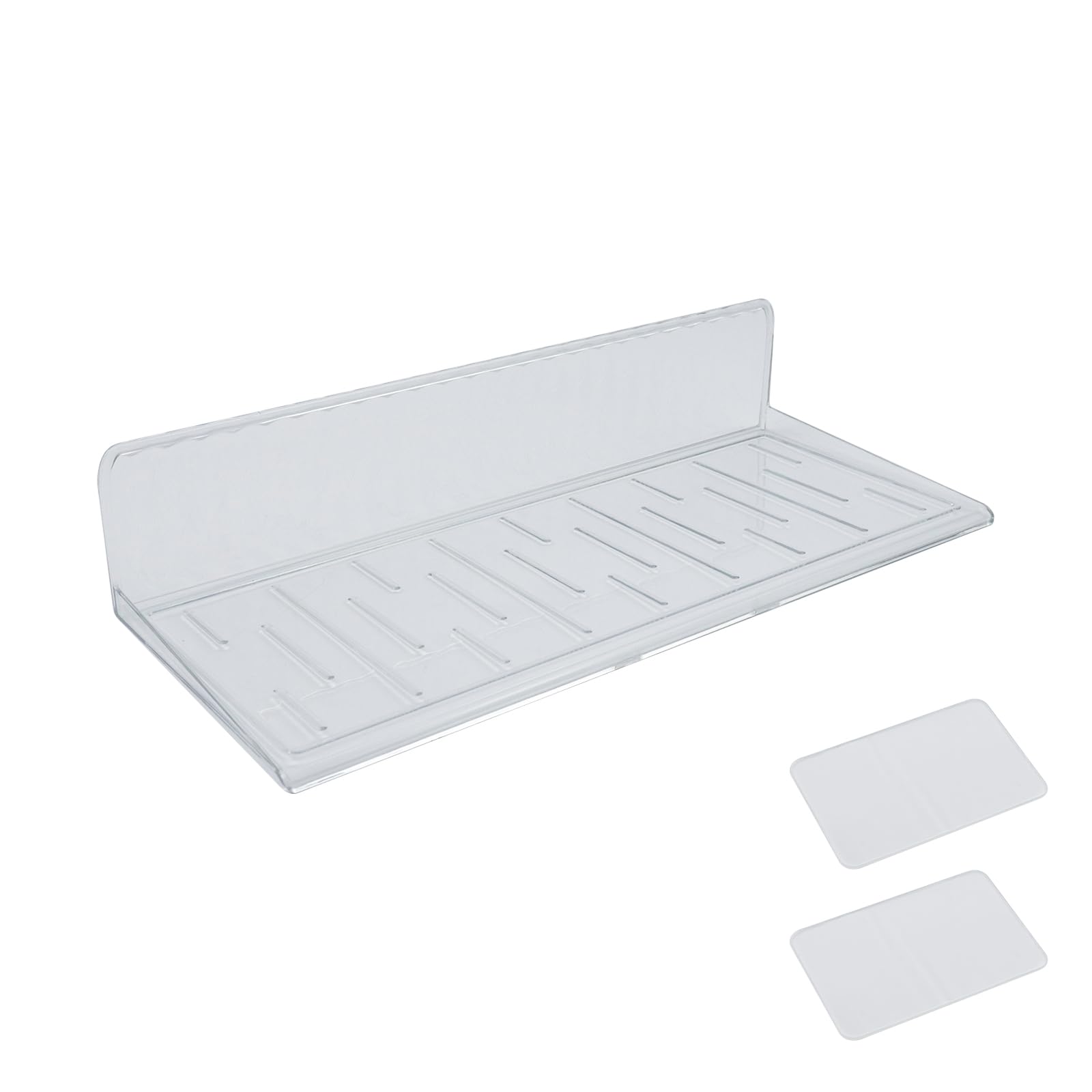 FarBoat 2pcs Acrylic Floating Shelves Adhesive Wall Mount Mini Shelf No Drill for Light-Weight Use in Bathroom Kitchen Living Room (9-3/4in Transparent)