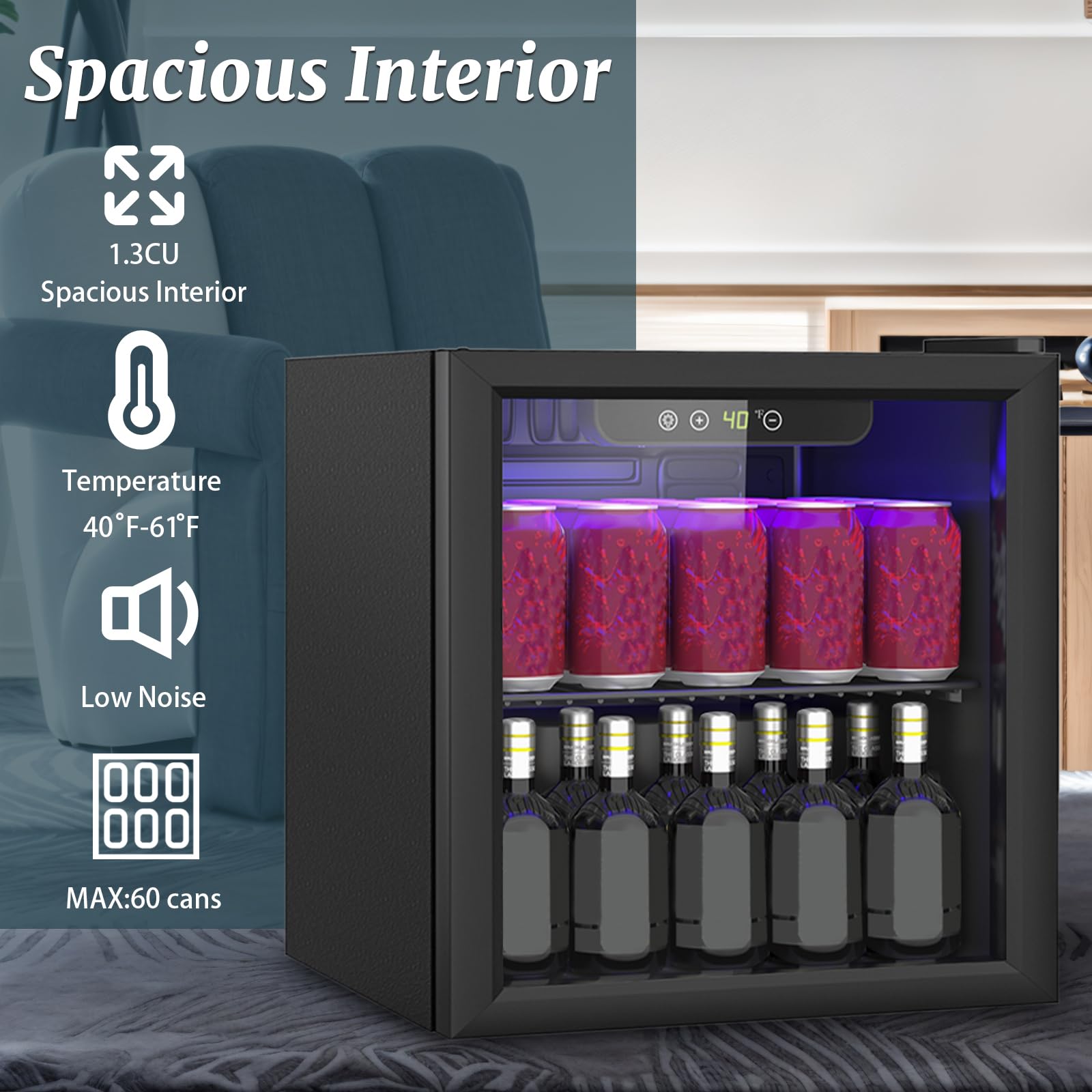 Compact 20 Can/0.9 Cubic Foot Beverage Fridge With Glass Door For Soda, Beer Or Wine, Under Counter Drinks Dispenser With Adjustable Shelves & Digital Display (0.9Cu Black)