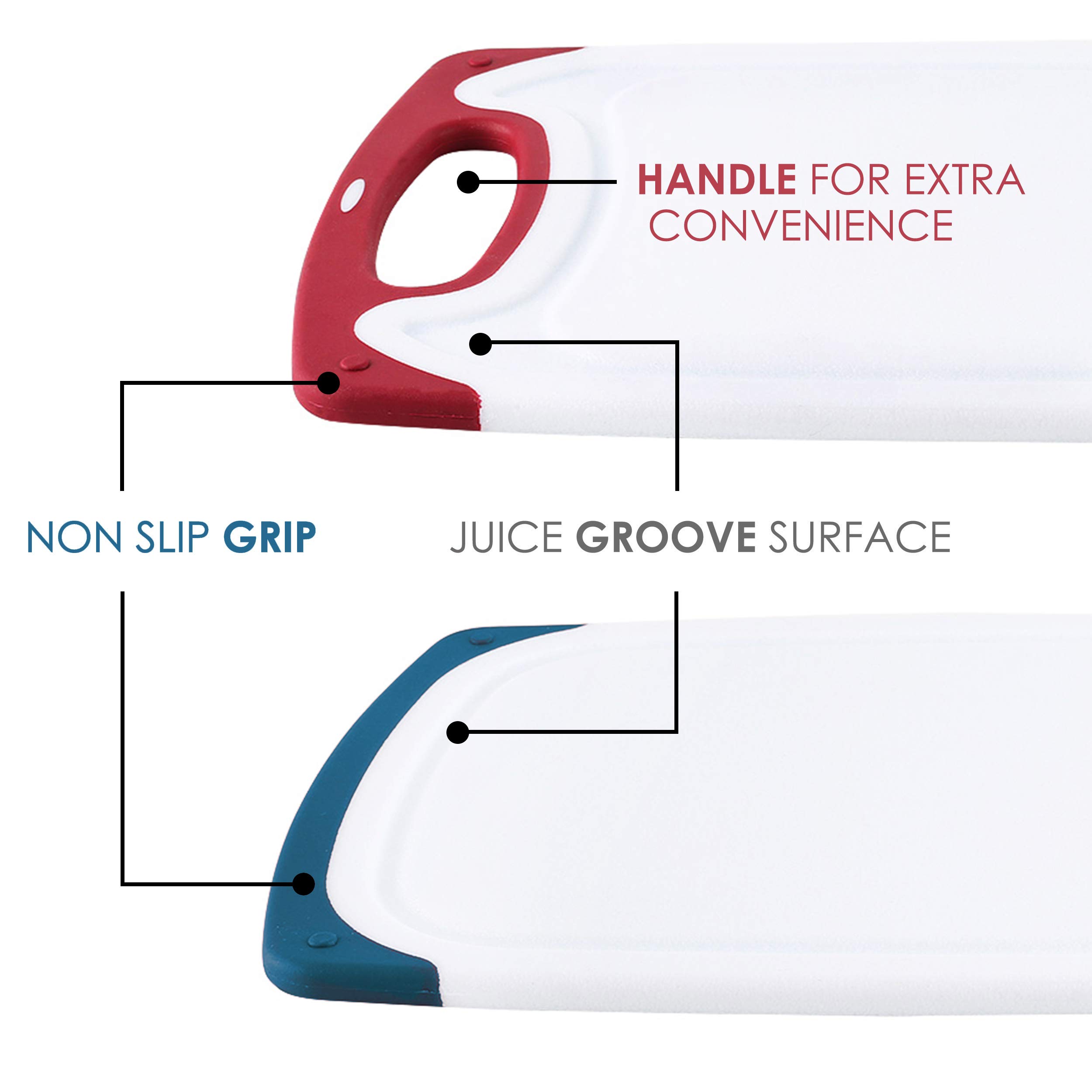 CHEF GRIDS Durable Plastic Cutting Board Set, Chopping Board Thick Plastic, for Vegetable Meat or Cheese with Non-Slip Feet and Handles with Juice Groove (Red, Blue, Grey)