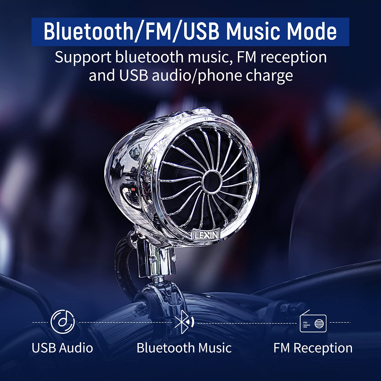 LEXIN Q3 Motorcycle Speakers Bluetooth Waterproof, 3" Full Range Handlebar Audio Systems for Harley with Stereo/Bass Sound, Turning Light, Bluetooth V5.1, FM Radio, Fits ATVs/UTVs, Chrome