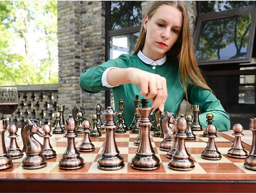 BREWIX Exquisite Chess Set for Adults Collection, Exquisite Bronze Alloy Chess Pieces, Folding Chess Board, Chess for Kids and Adults, Gift for Chess Lovers and Learners Checkerboard