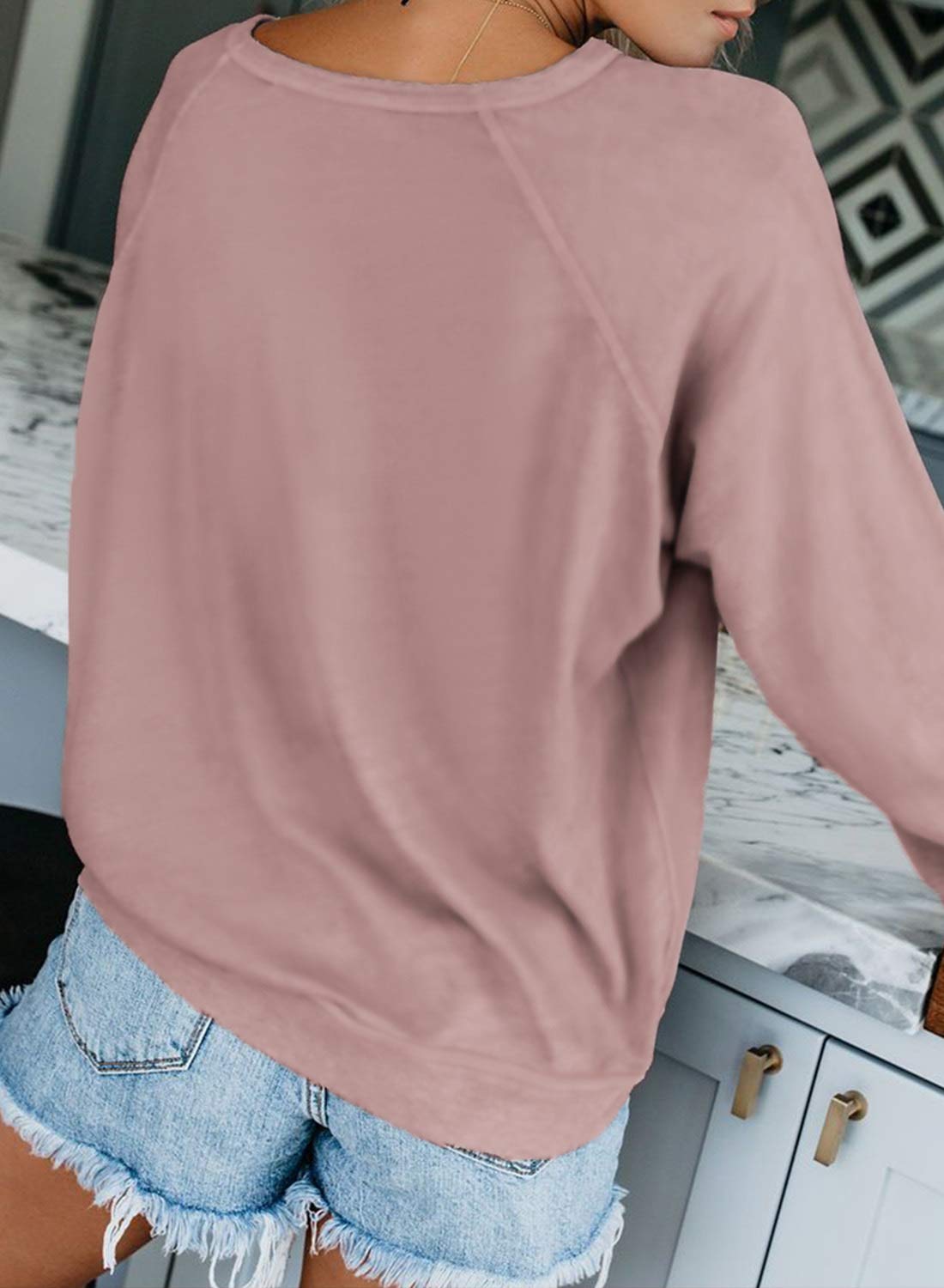 Canikat Womens Autumn Ladies Loose Fit Crewneck Ribbed Raglan Long Sleeve Casual Solid Tops Blouses Fashion T-Shirts Thin Pullovers Sweatshirt Pink M