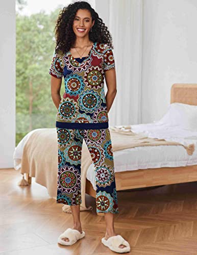Ekouer Womens Pajama Set Summer Sleepwear Tops with Capri Pants Set Comfy Casual Prints Pj Sets