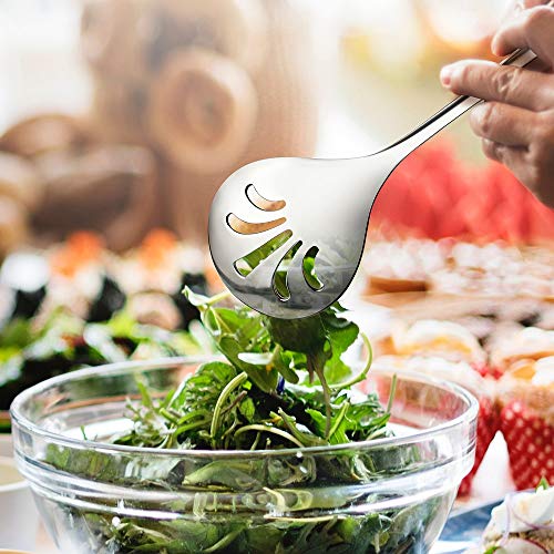Stainless Steel Metal Serving Utensils - Large Set of 9-10" Serving Spoons, 10" Slotted Spoons, and 9" Serving Tongs by Teivio (Silver)