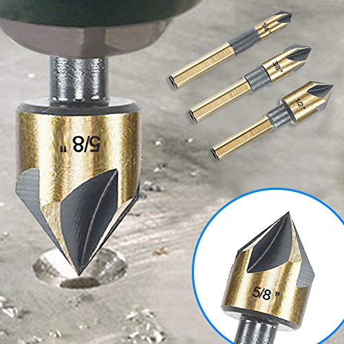 Countersink Drill Bit Set, 5 Pieces High Speed Steel 82 Degree 5 Flute 6mm Round Shank Mill Cutter Bit Countersink in Sizes 1/4” 3/8” 1/2” 5/8” 3/4” Set with Carrying Case.