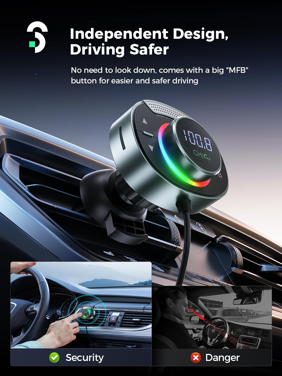 Bluetooth 5.3 FM Transmitter for Car - SOOMFON Bluetooth Car Adapter with Big Mic Bass Stereo Hi-Fi Sound, PD30W QC18W FM Bluetooth Transmitter Car Charger Support Hands-Free Calls, Aux Out, TF Card