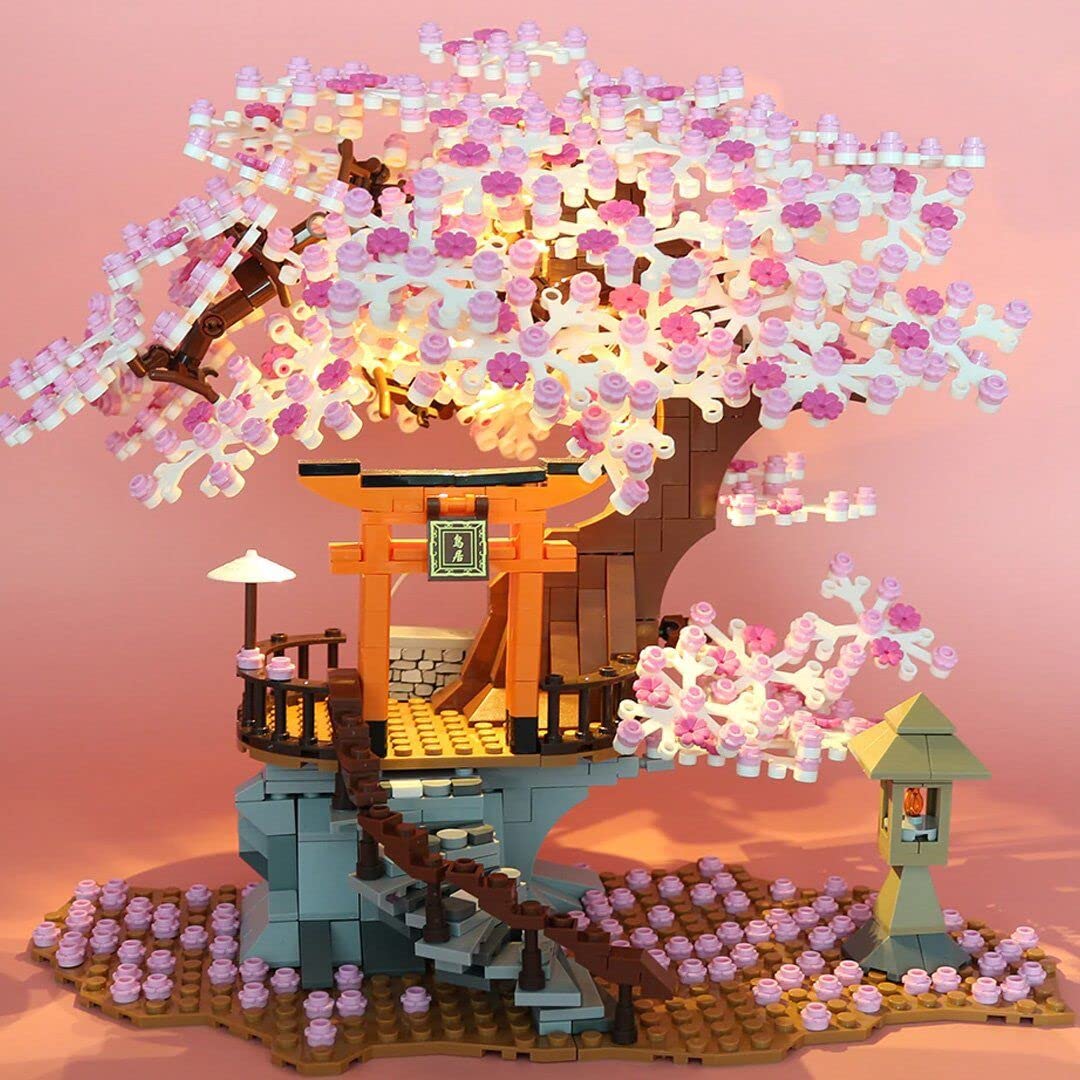 NEWRICE Sakura Tree House Lights Building Kit,City Architecture Inari Shrine Building Blocks Sets,for Adults,or Aged 12+ Boys Girls (1103 Pieces)