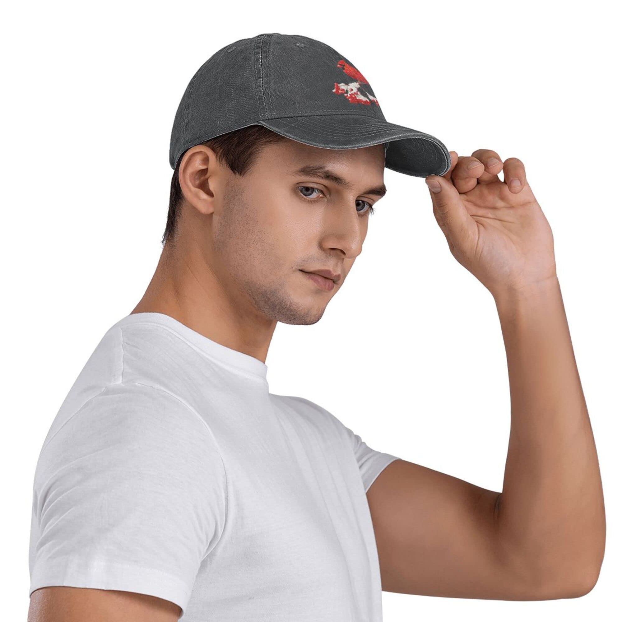 BISZANQA Red Cardinal Bird Sitting On Mountain Print Hat,Black Baseball Cap for Unisex Adult Denim Hats, Medium-Large