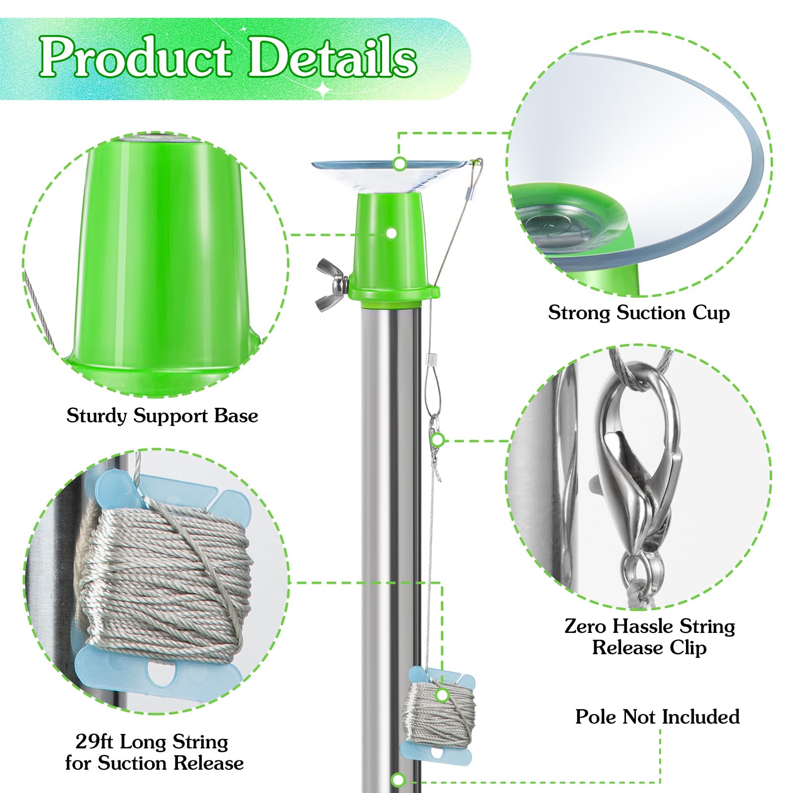 Enhon Light Bulb Changer for High Ceilings and Recessed Lights, Suction Cup Flat Lightbulb Remover Tool Compatible with DocaPole and Other Standard Threaded Extension Pole (Pole Not Included), Green