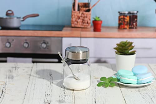 J&M DESIGN Sugar Bowl With Lid And Spoon Creamer & Dispenser Bowls Set For Kitchen Countertop Coffee Bar Accessories Containers Glass Milk Carton 7oz Holder Sugar Container Jar Stainless Steel Lid