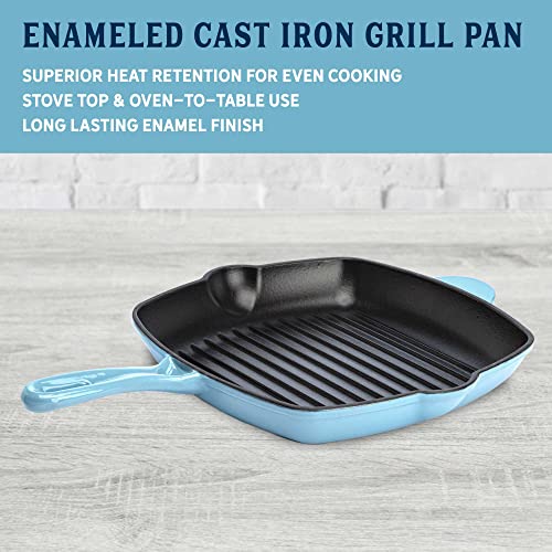 Country Living Enameled Cast Iron Square Griddle Grill Pan with Ridges, Helper Handle and Pouring Spouts for Easy Draining, Indoor Grilling Skillet, 11-Inch, Blue