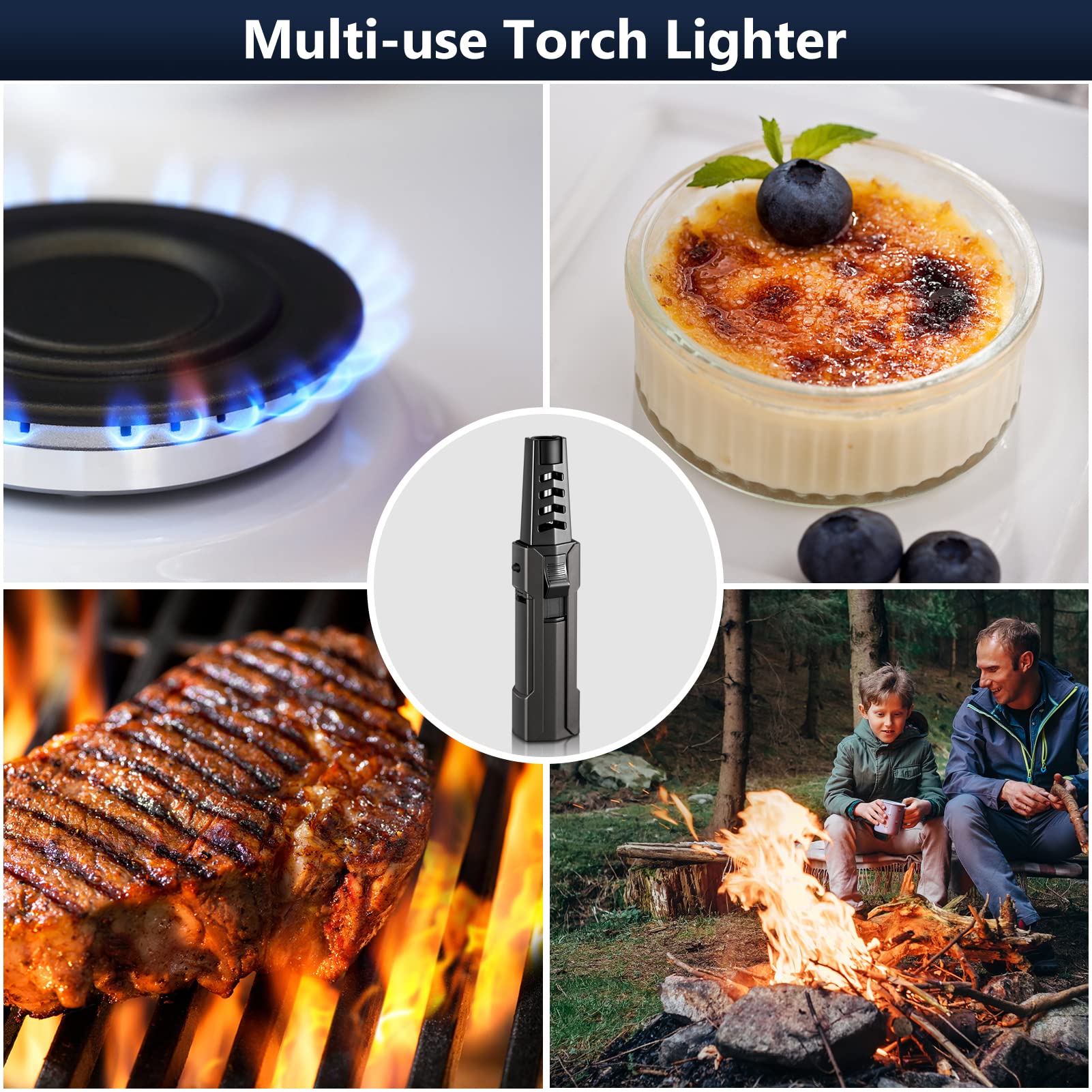 Butane Torch, Refillable Kitchen Torch Lighter with Safety Lock Adjustable Flame Solar Beam Torch Blow Torch with Safety Lock for BBQ Baking Fireplace (Butane Gas Not Included) (Black-2)