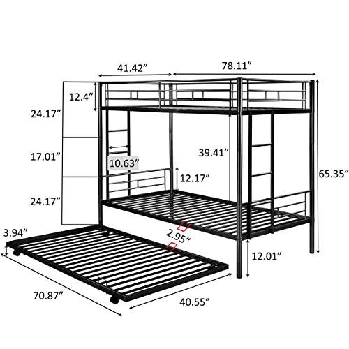 HICOMILA Metal Bunk Bed with Trundle, Twin Over Twin Bunk Bed for Kids, Teens, Adults, Can be Separate into Two Individual Twin Beds, Black