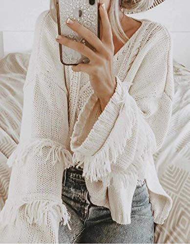 HZSONNE Women's Casual V Neck Tassel Bell Long Sleeve Boho Loose Kimono Cable Knit Pullover Sweater Jumper Tops (White, Large)