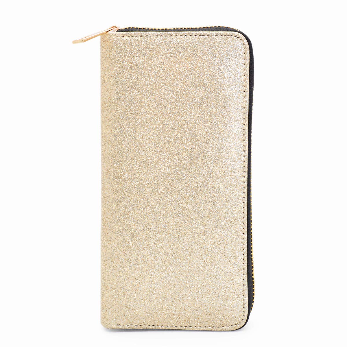 Premium Glitter Bling Smooth Vegan Leather Continental Zip Around Wallet, Gold