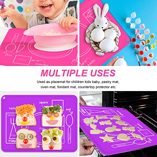 Kids Silicone Placemats, Baby Montessori Placemats for Kids Toddler Children Reusable Non-Slip Table Setting Mats for Restaurant (Purple/Rose Red)