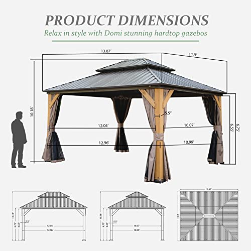 domi outdoor living 12x14 ft Wood Gazebo, Cedar Frame Hardtop Gazebo with Galvanized Steel Double Roof, Netting & Curtains, Patio Pergola Pavilion for Patio, Backyard, Deck, Lawns