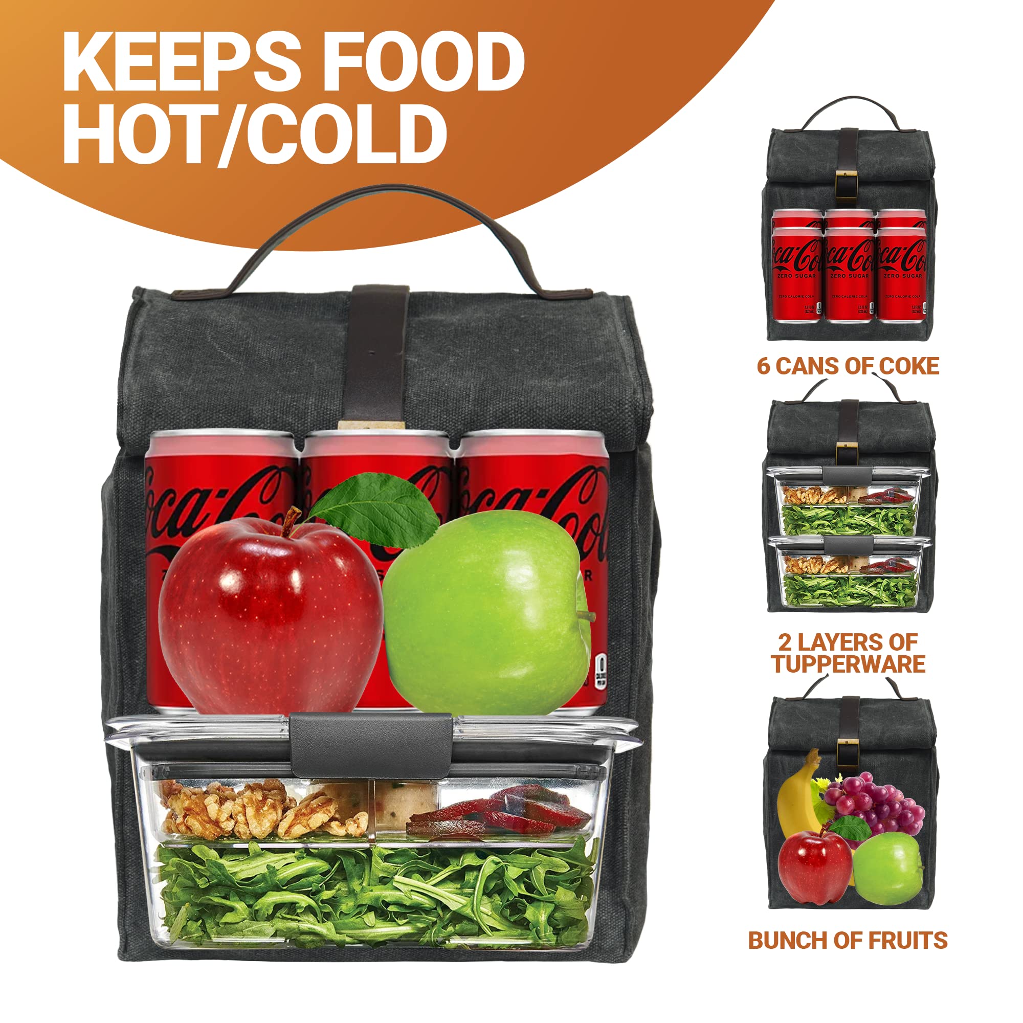 Chef Sac Waxed Canvas Insulated Lunch Bag for Women & Men | Thermal Insulation Material Keeps Food Hot OR Cold | Reusable, Water Resistant & Fits Large Lunch Box | Includes Sling Strap (Black)
