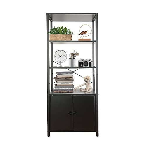 Jahof 4-Layer Industrial Bookshelf, Bookcase with 2 Doors, Standing Storage Cabinet for Living Room, Home Office, Bedroom, Washroom, Kitchen (4-Tier, Black)