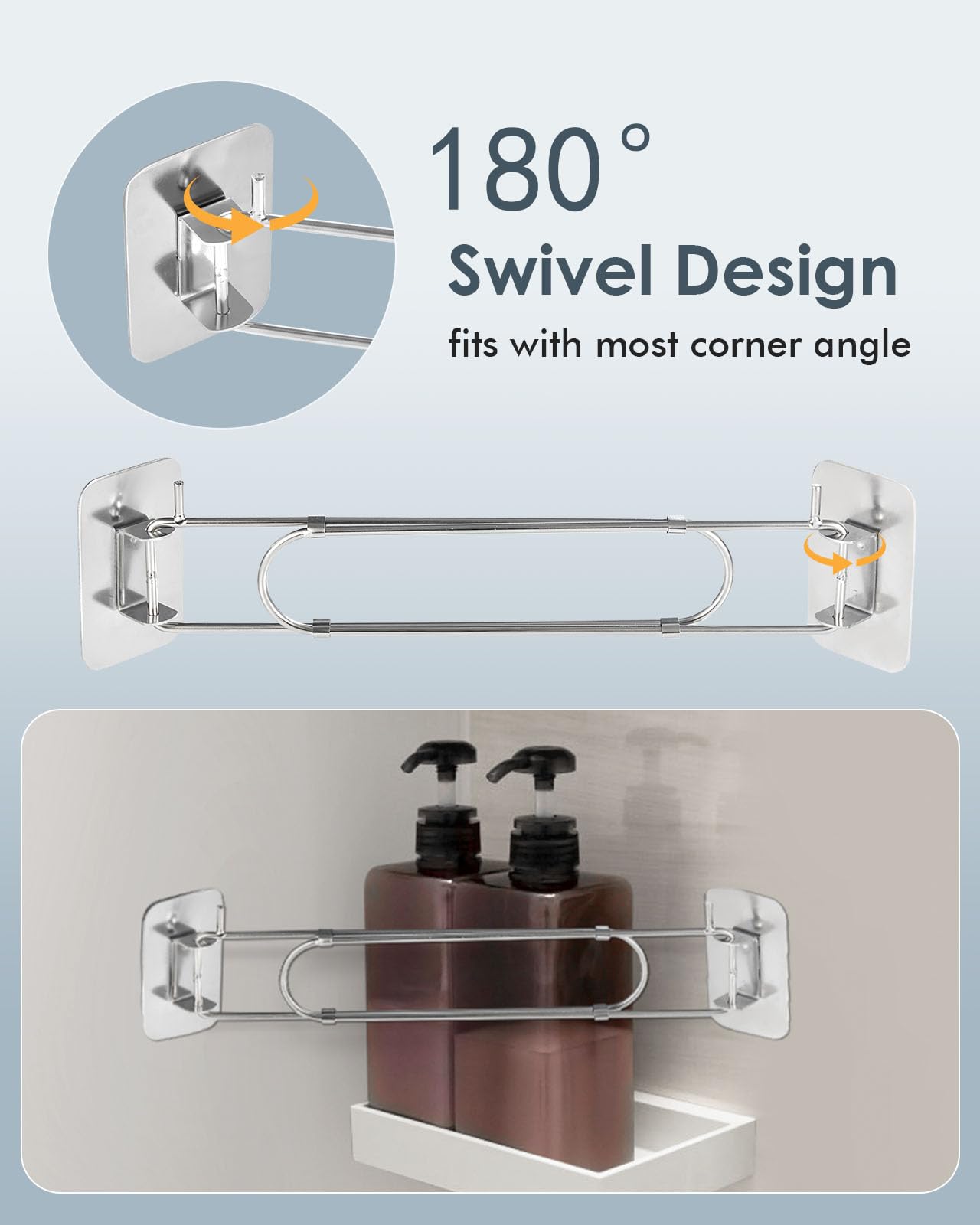 ELETHOR 2PCS RV Shower Corner Storage Bar, 7"-13" Adjustable RV Shelving Bars with 180° Swivel Angle Bases and Hooks, Stainless Steel RV Shower Caddy for SecuringToiletries