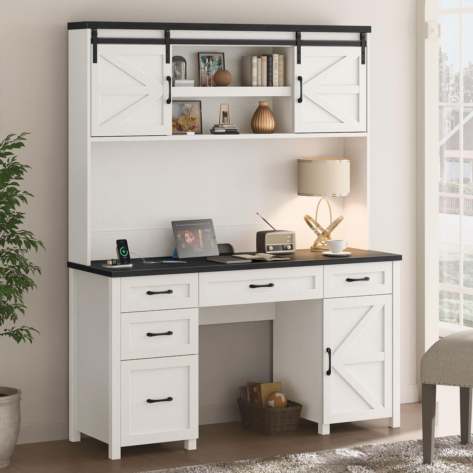 Farmhouse 61" Executive Desk with Hutch,Office Desk with 5 Drawers, Computer Desk with Storage Cabinet & File Drawers and Charging Station, Wood Workstation for Home Office and Study