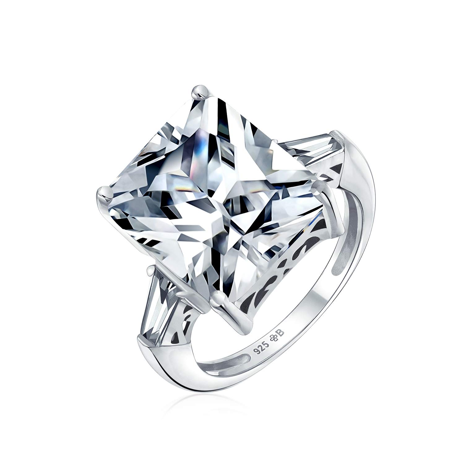 Bling Jewelry Art Deco Style .925 Sterling Silver Large 10CT Rectangle AAA CZ Cubic Zirconia Brilliant Cut Statement Engagement Ring Baguette Side Stones