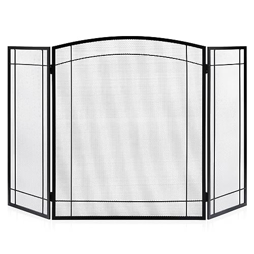 FEED GARDEN 3 Panel Fireplace Screen 48" W x 29" H Modern Foldable with Wrought Metal Decorative Mesh,Arch Heavy Duty Fire Spark Guard Cover for Home Decor Indoor, Black