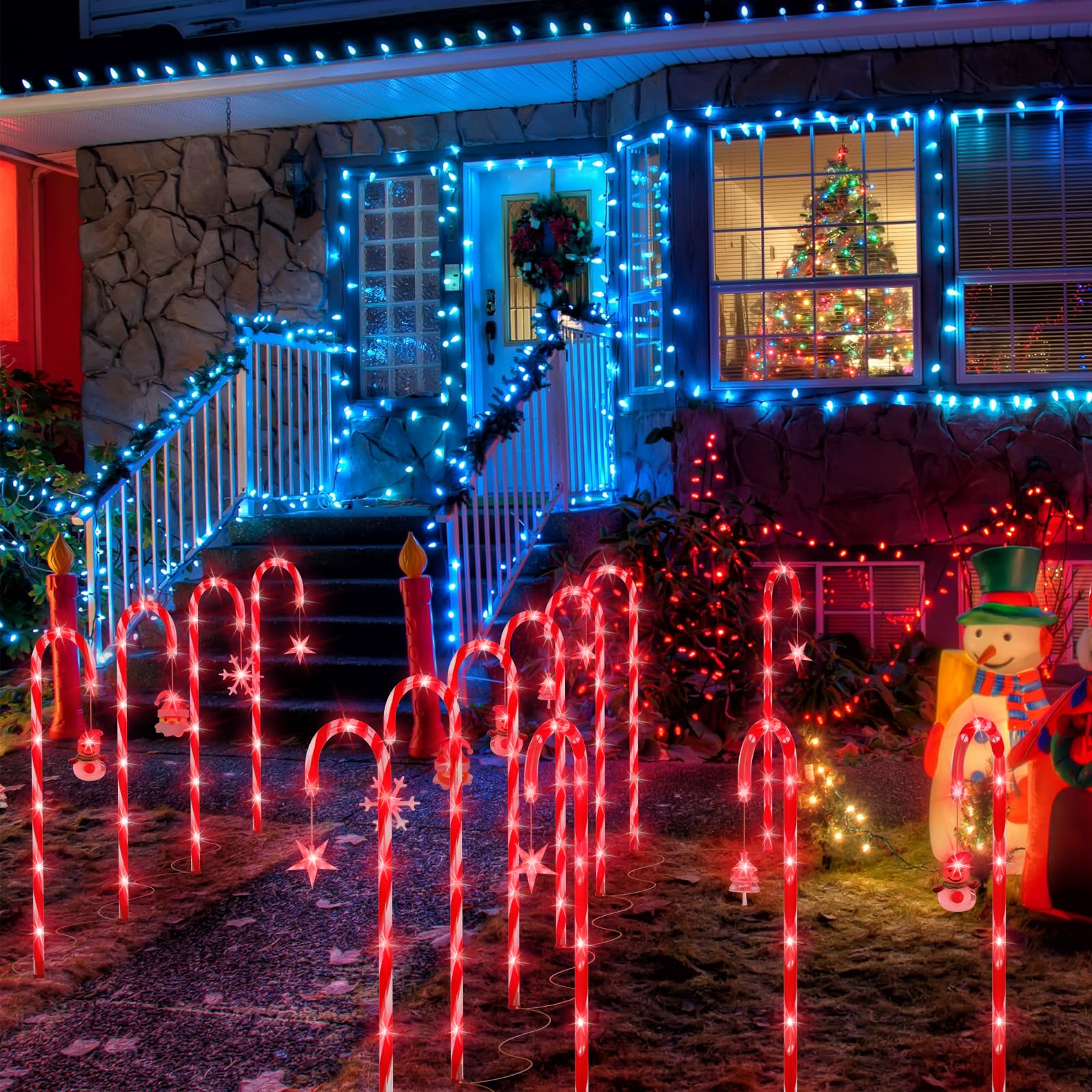 BITPOTT Christmas Decorations Candy Cane Solar Lights Outdoor 12 Pack, 28 Inch Christmas Solar Pathway Lights, Red Light Solar Garden Lights for Yard Pathway Walkway Markers Holiday Decor