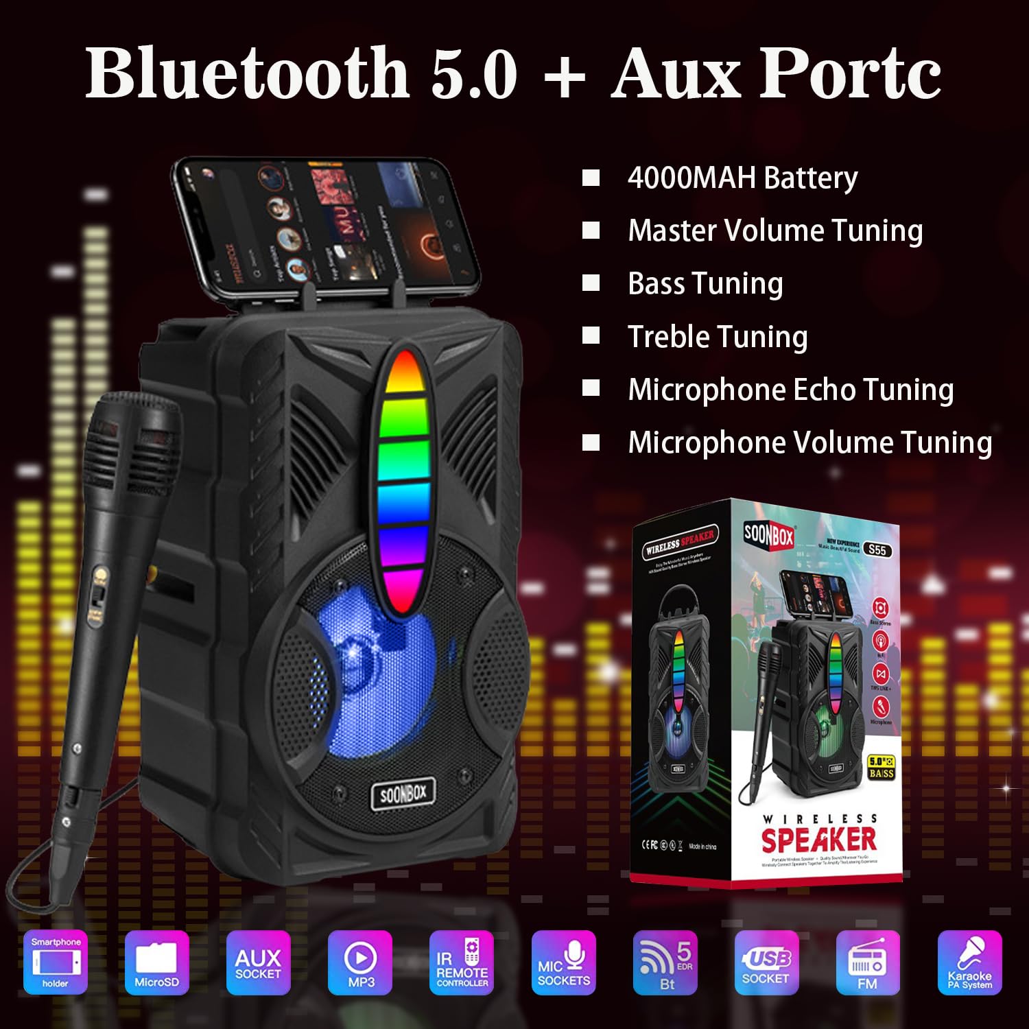 Bluetooth Speaker, IPX5 Waterproof Speaker with HD Sound, RGB Multi-Colors Rhythm Lights, Up to 8H Playtime, TWS Pairing, Portable Wireless Speakers for Home, Outdoor,(Comes with a Microphone)
