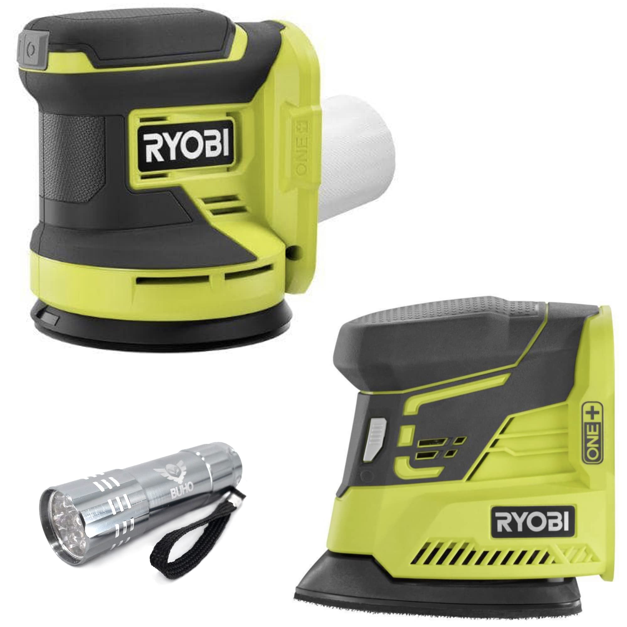 Buho Cordless Power Sander Accessory Bundle -18 Volt with Ryobi 5 Inch Random Orbit Sander Corner Cat Finish Sander Pocket Flashlight (Bare Tool Items No Battery Included)