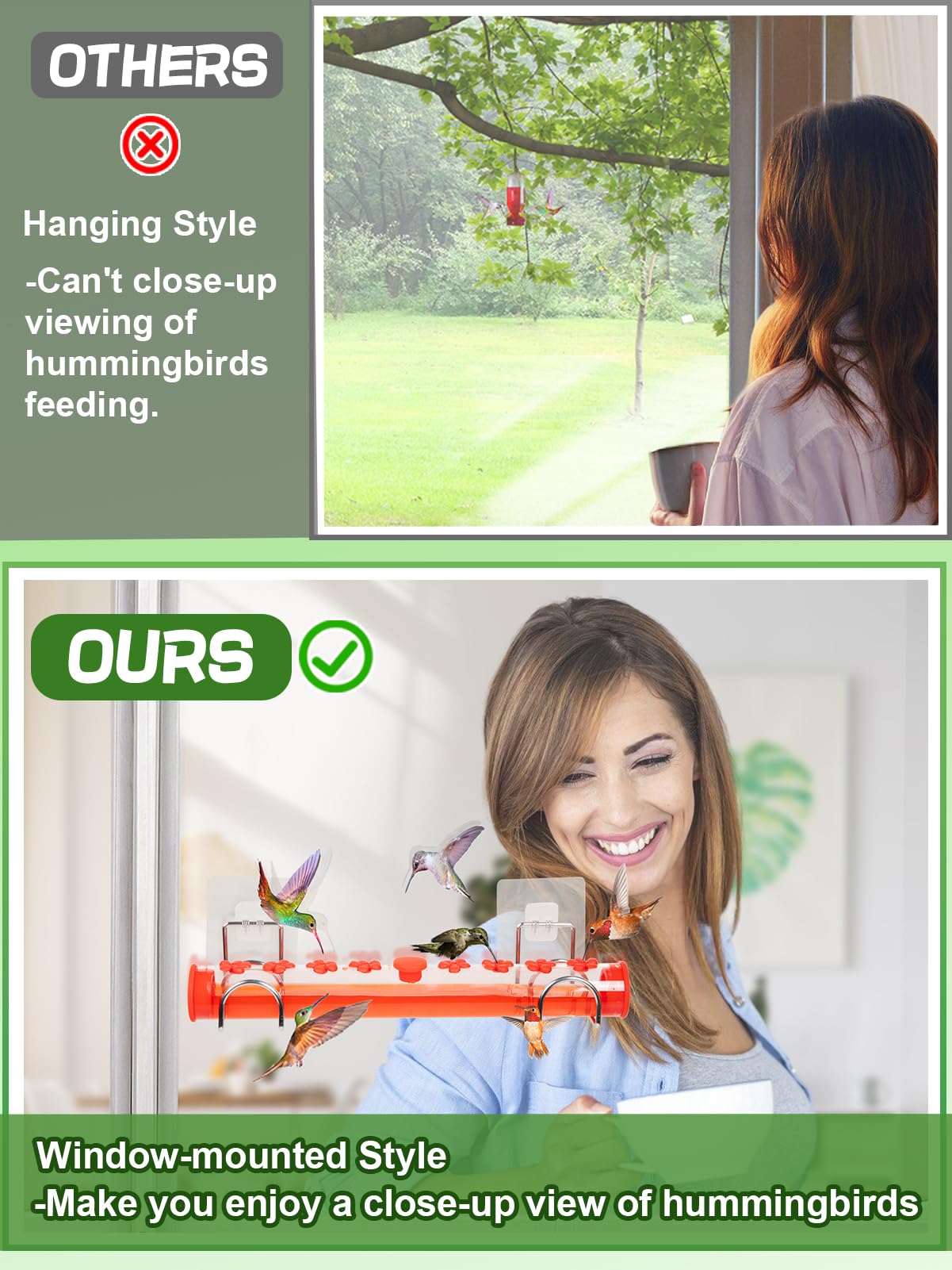 Close-up Viewing Window Hummingbird Feeder with 8 Ports Leak Proof, Top Fill & Easy to Clean Humming Bird Feeders Tube for Outdoors, 2 Pack