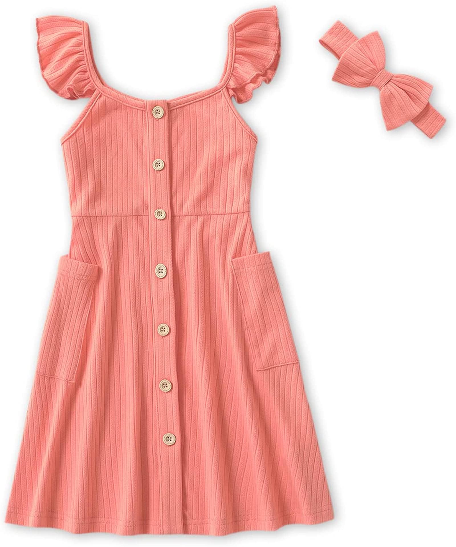 IFFEI Mommy and Me Dresses Matching Set Solid Front Button Family Matching Sleeveless Dresses with Headband and Pockets 3-6M Cora