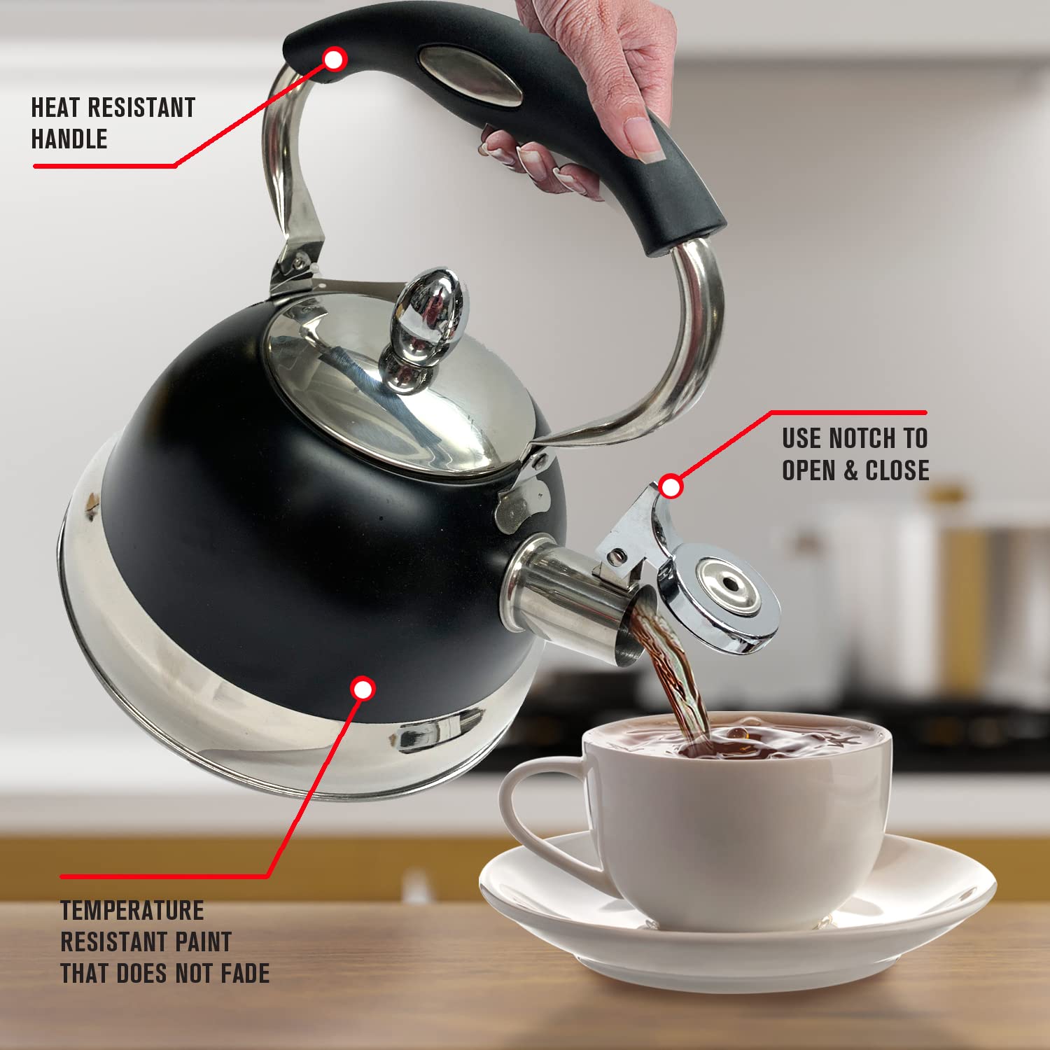Emeril Lagasse 2.6 Quart/2.5 Liter Whistling Tea Kettle, Stainless Steel Tea Pot for Induction Stove Top, Fast to Boil Water for Home Kitchen Condo, with Ergonomic Cool Folding Grip Handle, Black Comb