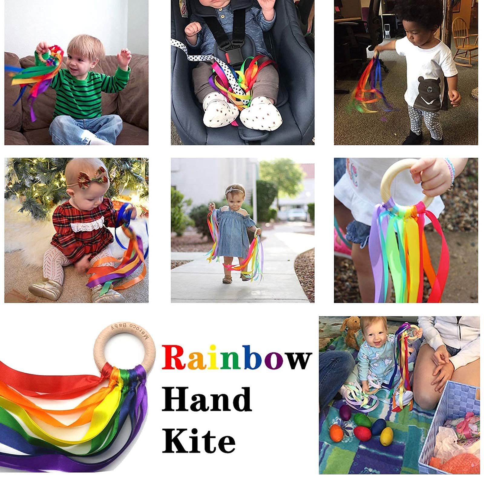 MEROCO Rainbow Dancing Ribbon Streamers with Wood Ring Educational Toy for Playroom Dancing Party Toddler Birthday