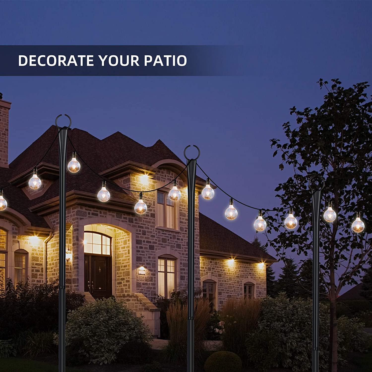 Outdoor String Light Pole, Heavy Duty Light Poles for Outside with Hooks and 4-Prong Fork, Metal Post for Hanging String Lights for Deck, Patio Garden, Backyard, Wedding or Party, 2 Pack