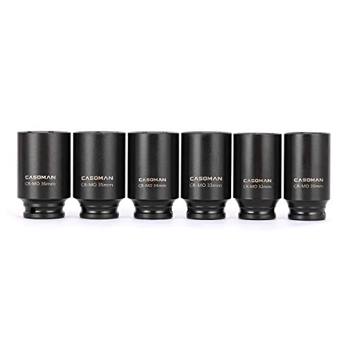 CASOMAN 1/2- Inch Drive Deep Spindle Axle Nut Impact Socket Set, 6-Piece 1/2" Dr. Deep Impact Socket Set,6 Point, CR-MO, Metric, Impact Grade, 30mm, 32mm, 33mm, 34mm, 35mm, 36mm