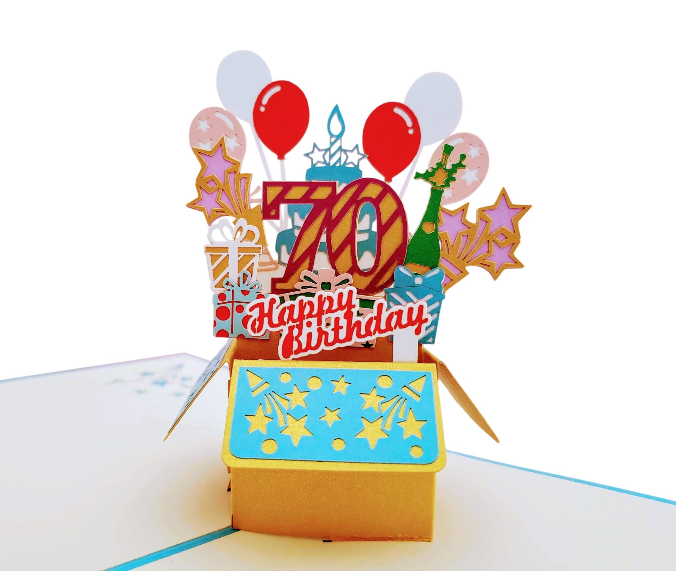 iGifts And Cards Happy 70th Blue Birthday Party Box 3D Pop Up Greeting Card – Seventy, Awesome, Balloons, Unique, Celebration, Feliz Cumpleaños, Fun, Festive