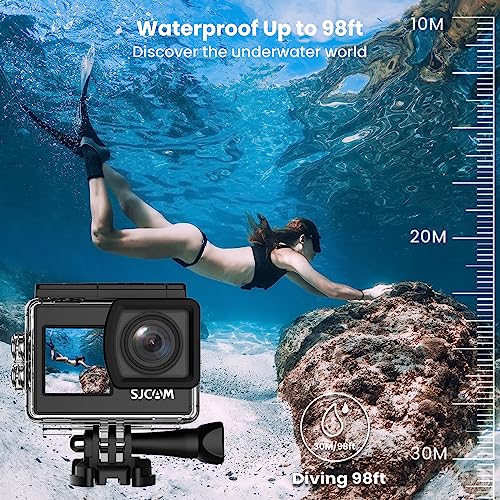 SJCAM Upgraded SJ4000 Action Camera 4K Ultra HD Dual Screen Underwater Camera 98FT Waterproof, 170° Wide Angle, Stabilization, 5X Zoom, WiFi Camera with Extra Battery, SD Card, Helmet Accessories Kit
