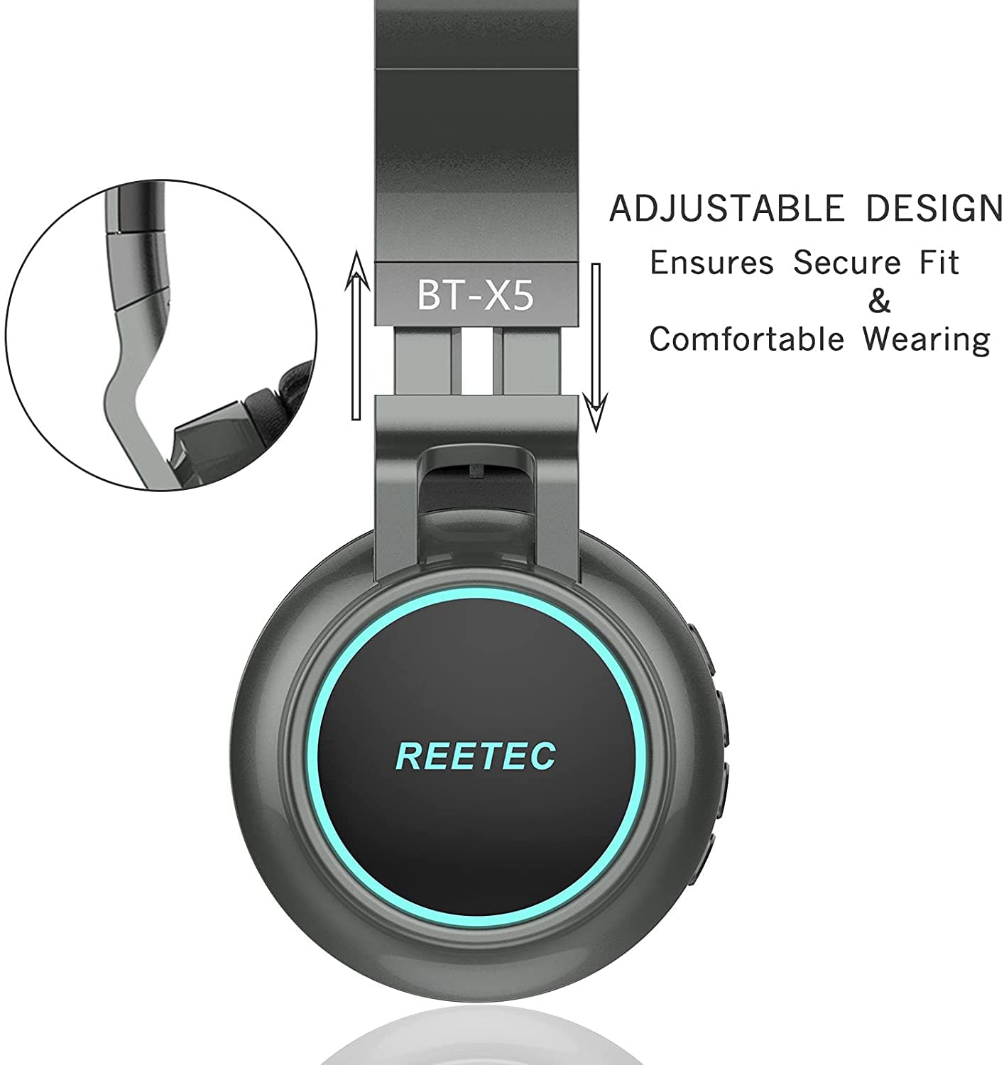 REETEC Bluetooth Headphones Over Ear - [Colorful LED Lights, 20H Playtime] Foldable Hi-Fi Stereo Wireless Headphones with Built-in Mic for iPhone, iPad, Smartphones, Laptop, PC, SD/TF, Grey