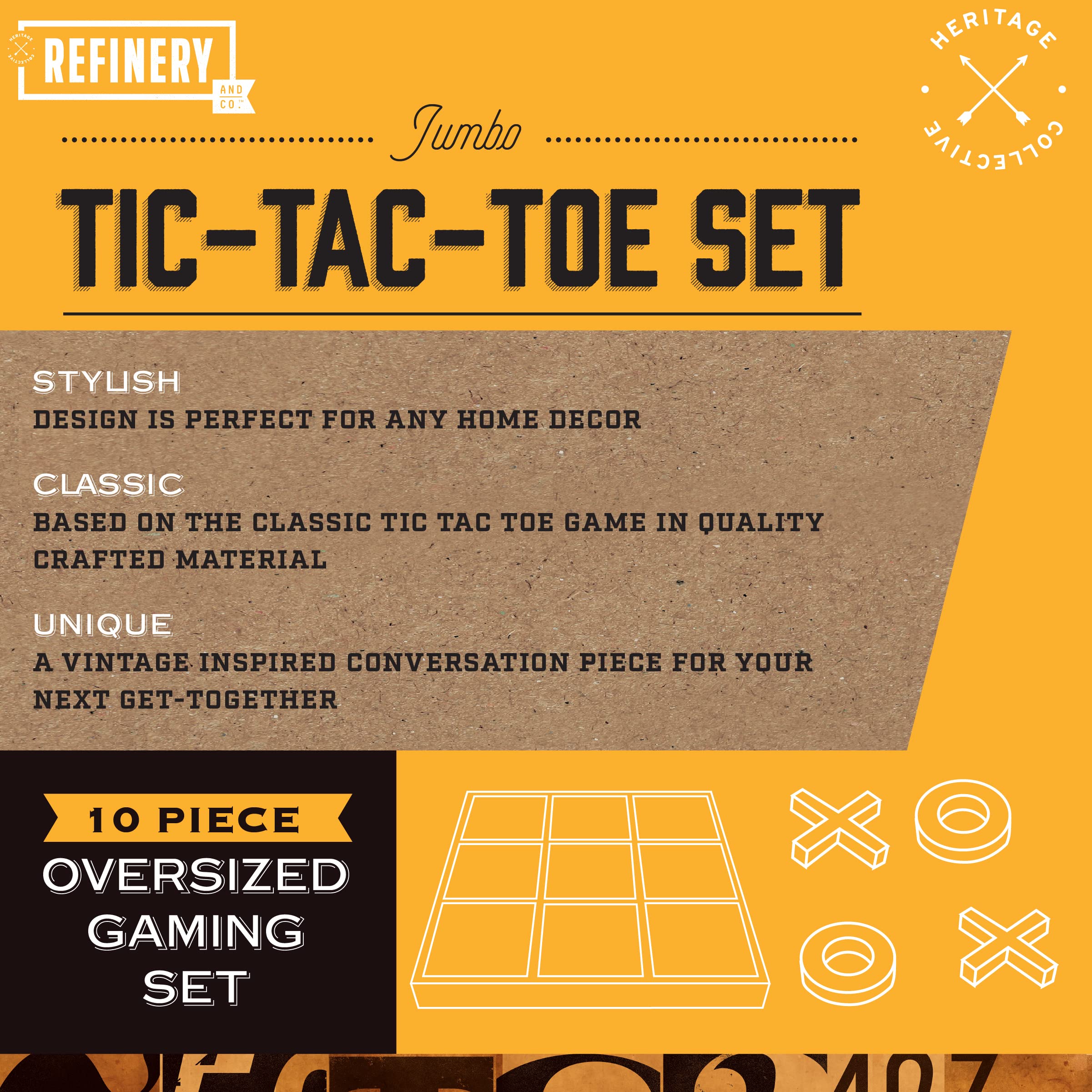 Refinery Premium Solid Wood Tic-Tac-Toe Board Game, Giant Gold 14β Coffee Table Home Decor, Classic Indoor/Outdoor Party Game for Children & Adults