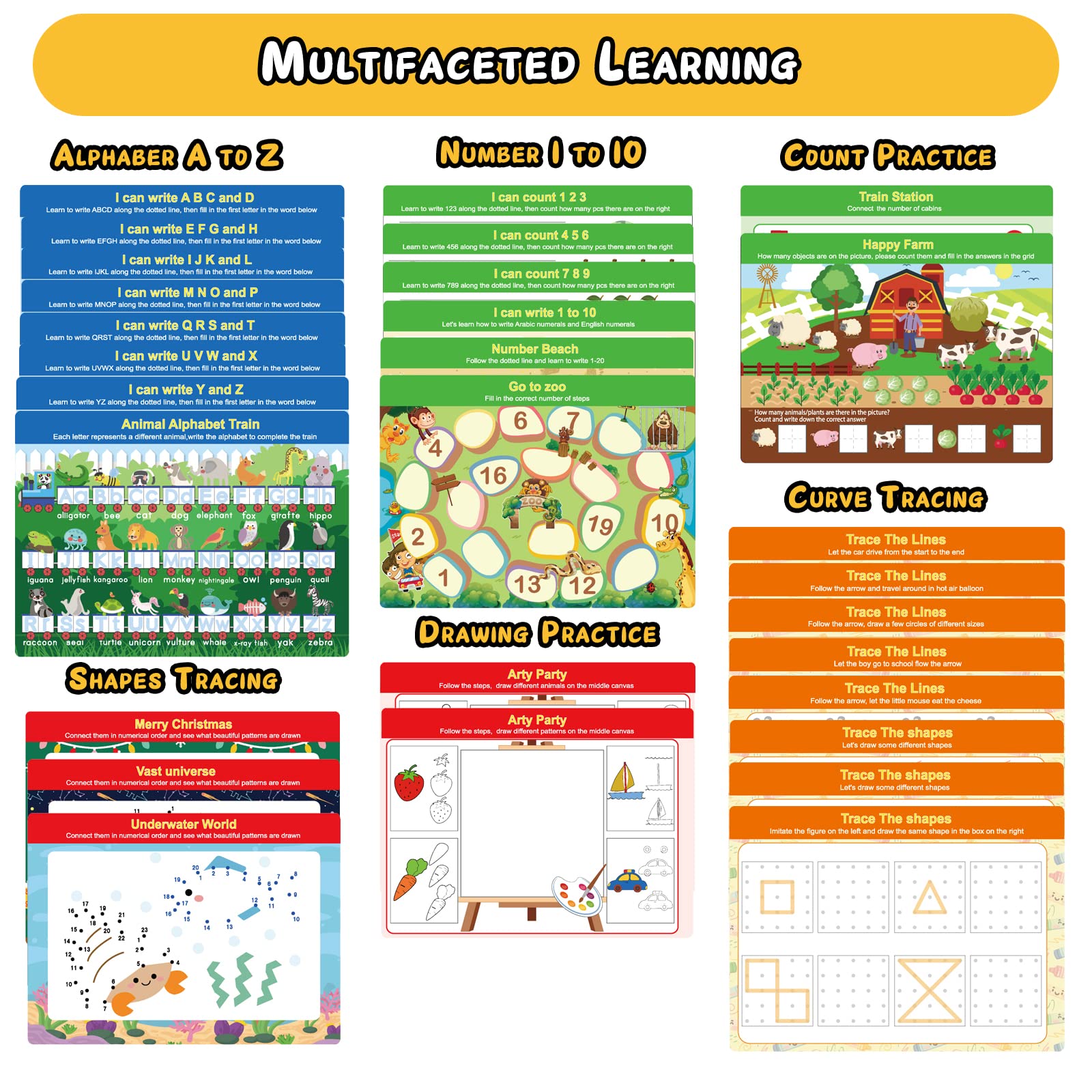 Preschool Learning Activities Educational Games, Busy Book-Learn Alphabet Number Line Tracing Drawing with 16 Activity Mats 4 Markers Montessori Toys For Toddlers Homeschool Supply Ideal Gift For Kids