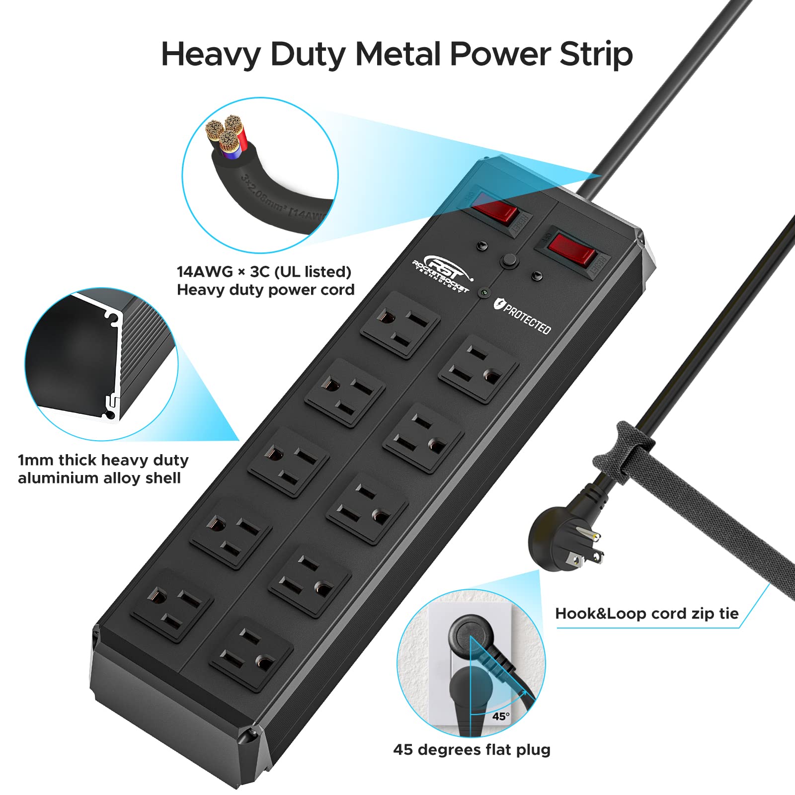 CRST 1875W Heavy Duty Power Strips with Individual Switches Metal Case, 15A Circuit Breaker(1020J) Surge Protector Power Strip, 9 FT Cord, Fit for Workshop, Garage, Home, Office