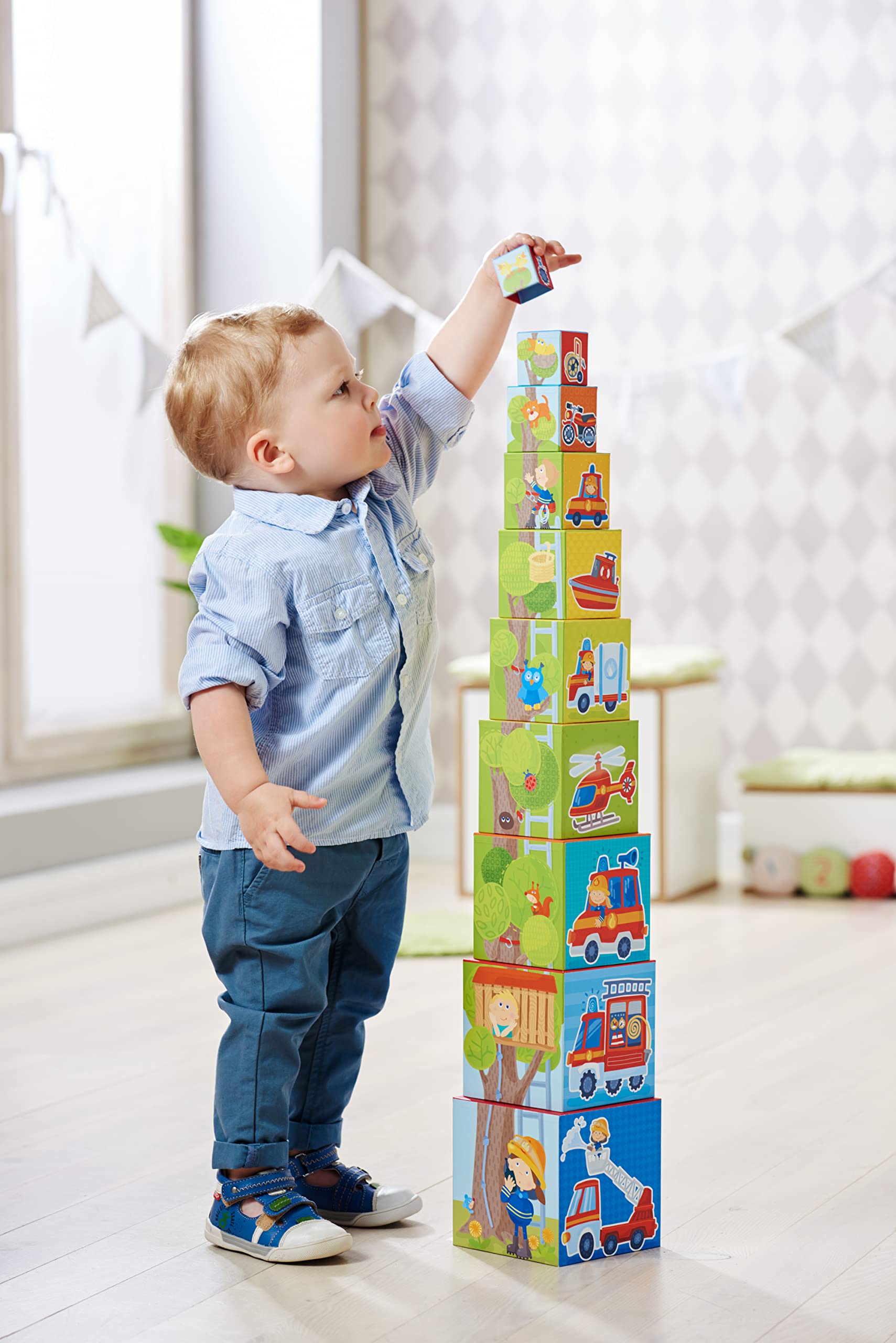 HABA Fire Brigade Sturdy Cardboard Nesting & Stacking Cubes - Reinforcing Numbers 1-10 with Rescue Themes on Each Side