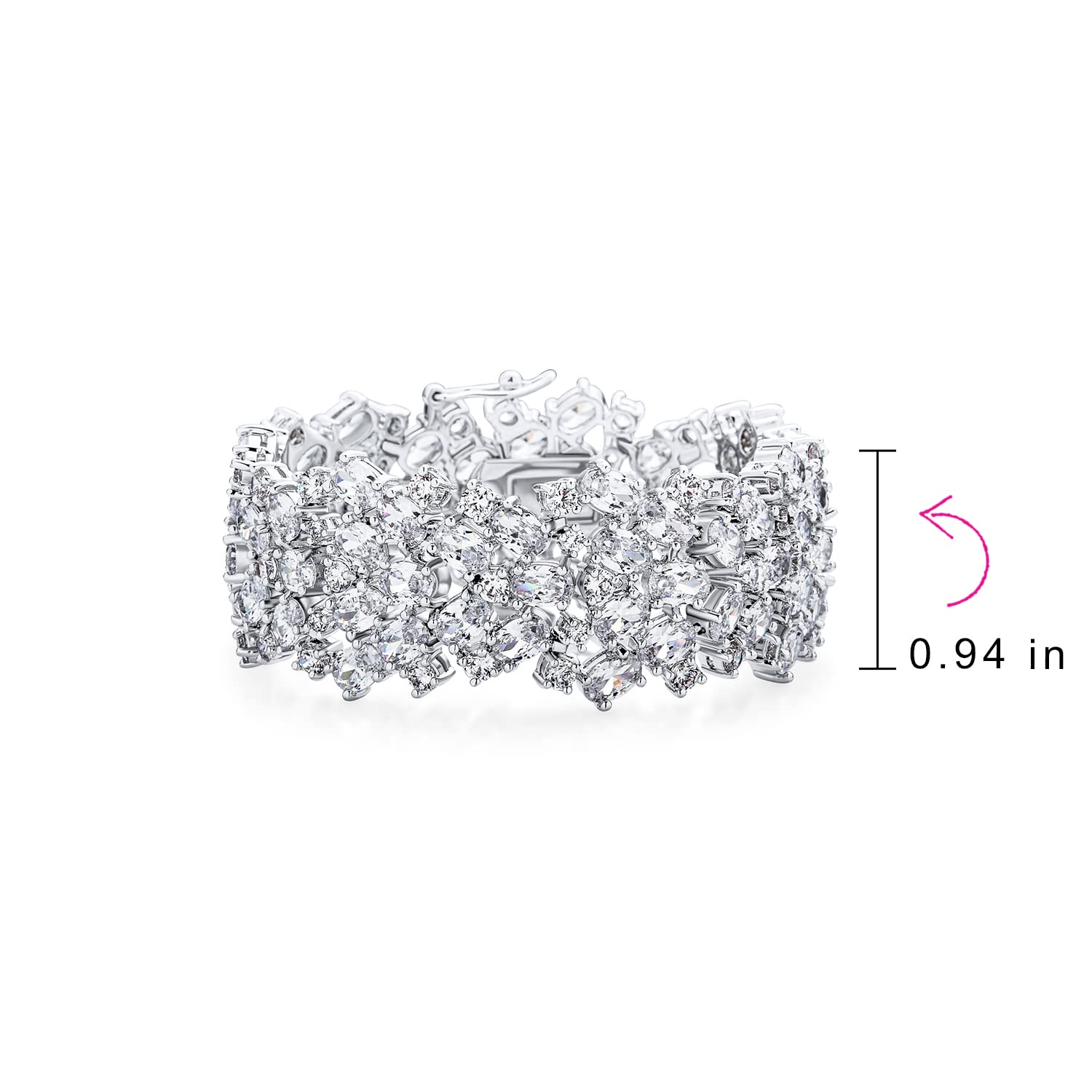 Bling Jewelry Elegant Formal AAA CZ Wide Statement Bracelet for Women, Prom, Wedding or Bridal Occasions Multi Row Big Oval Cubic Zirconia Cluster Design Silver Plated