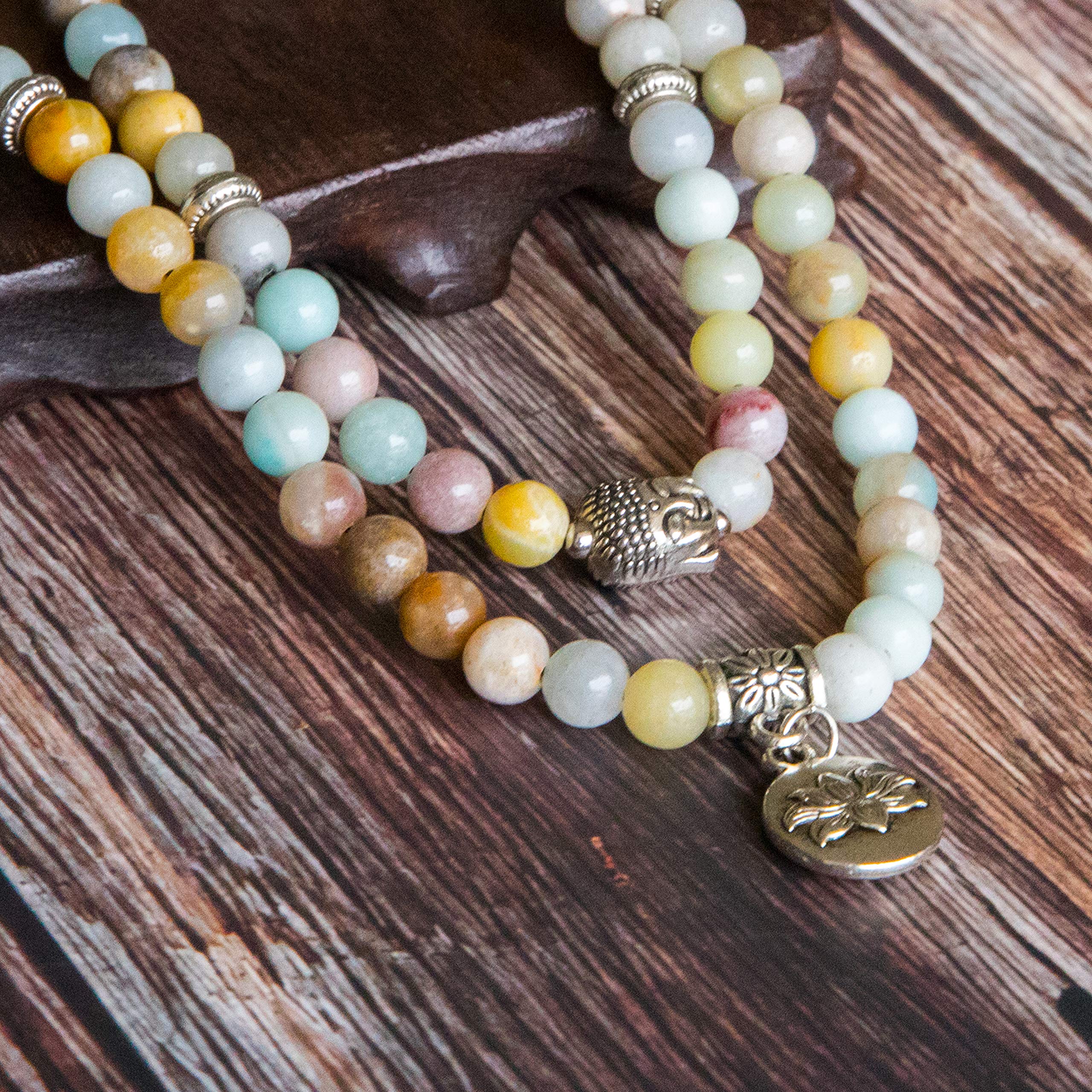 Bivei 108 Mala Beads Necklace Beaded Wrap Bracelets Genuine Gemstone Mala Prayer Beads Lotus Charm Yoga Meditation Necklace - -Amazonite