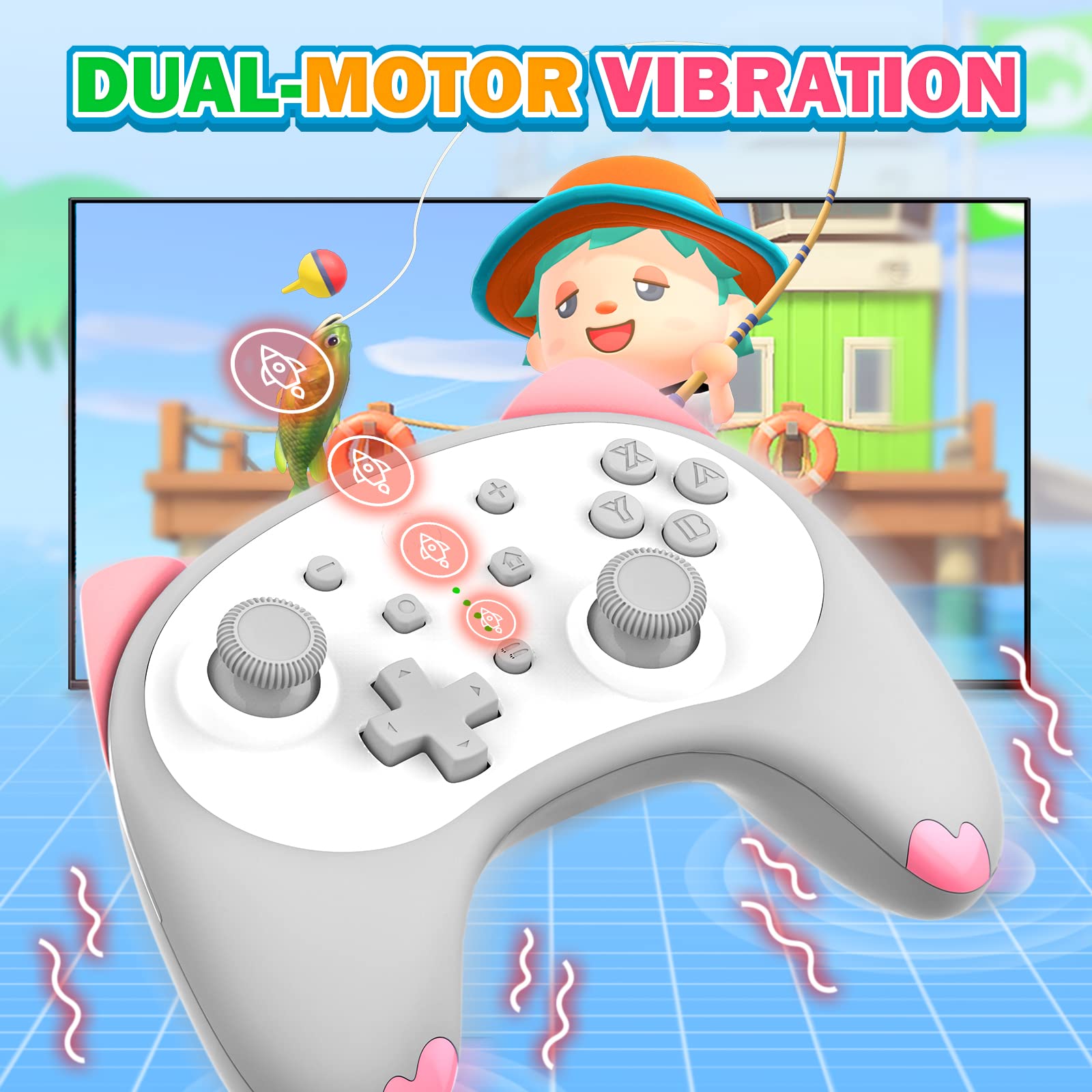 IINE Cute Switch Controller, Bluetooth Cartoon Kitten Switch Controllers Wireless, Kawaii Light Switch Gaming PC Controller with TURBO/Double Vibration Function, White