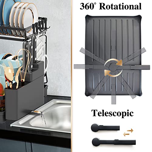 Iwaiting Outdoor Dish Drying Rack, 2 Tier Dish Dryer Rack for More Space Saving, Large Dish Rack with Sink Drainer, Durable Metal Dishrack Set, Dish Racks for Kitchen Counter Black