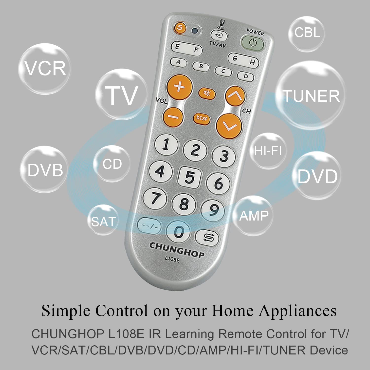 Remote Control Combinational Universal Learning Controller Chunghop L108E for TV/SAT/DVD/CBL/DVB-T/AUX Big Button