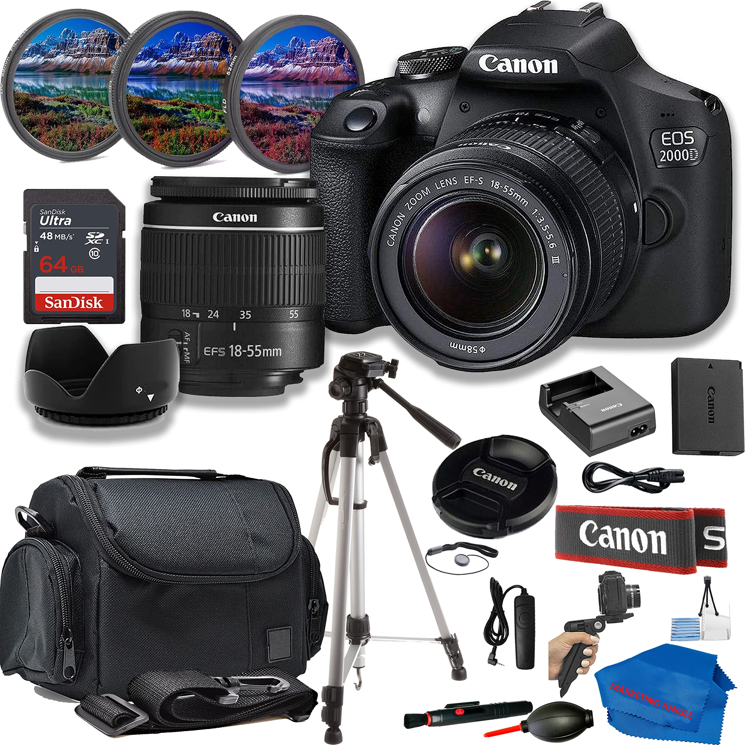 Canon Eos 2000D (Rebel T7) Bundle: Includes 18-55mm Zoom Lens, Tripod, 64GB Memory Card, Carry Case, and 3-Piece Filter Kit for Stunning Photos and Videos